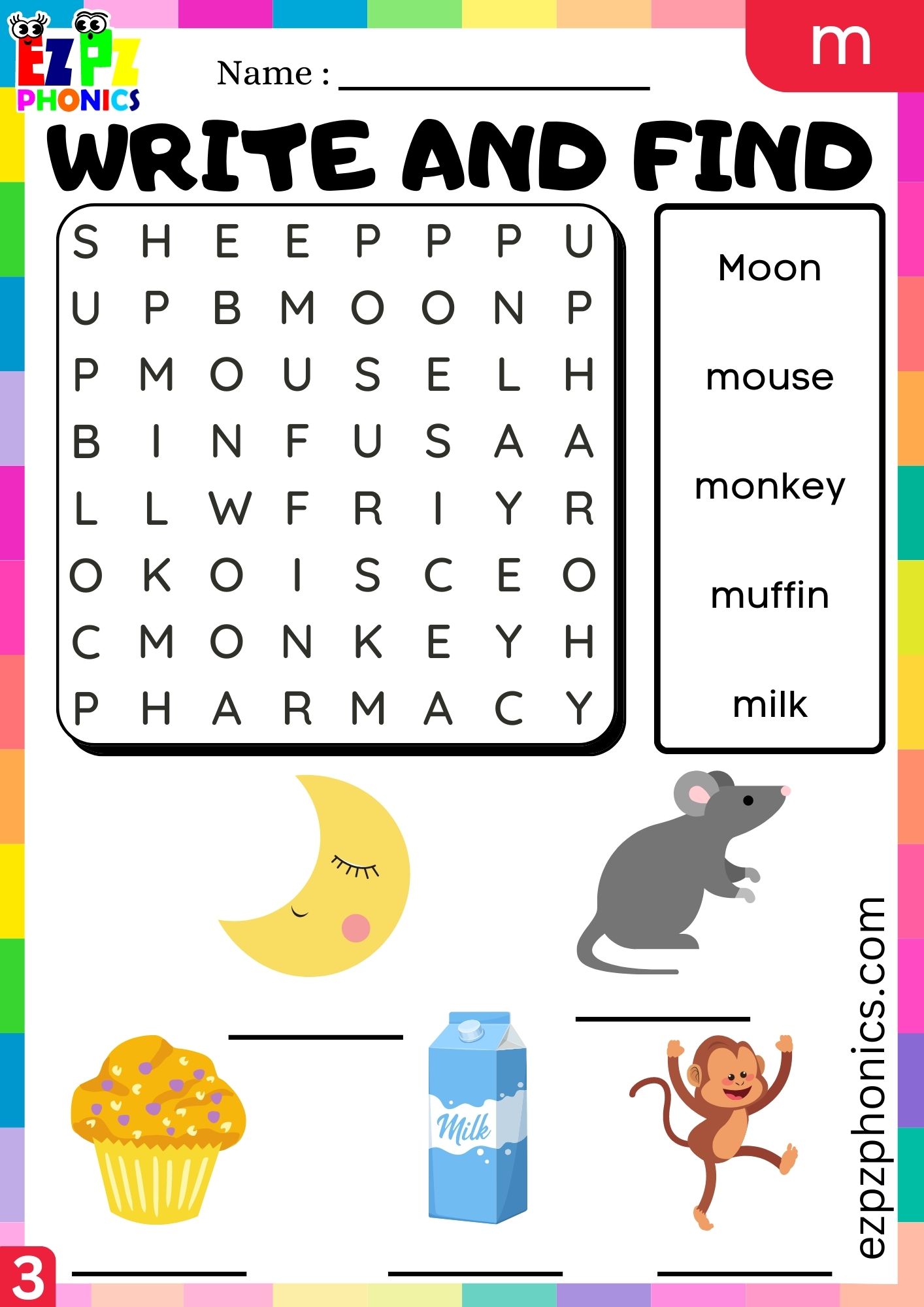 Letter m Word Search Write and Find the Words Phonics Activity Group 3 - ezpzphonics.com